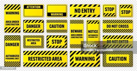 대각선이있는 다양한 검은 색과 노란색 경고 표지판 주의 위험 또는주의 표지판 건설 현장 표지판 현실적인 통지 간판 경고 배너 도로 방패 벡터 그림 저지선 테이프에 대한 스톡