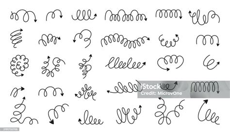 나선형 화살표를 낙서합니다 유연한 스프링 손으로 그린 방향 기호 검은 금속 코일 끝 화살표 고립 된 소용돌이 선과 획 Neoteric 벡터 세트 그리기에 대한 스톡 벡터