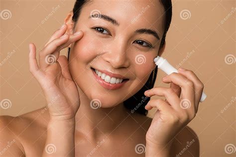 Smiling Beautiful Naked Asian Girl Using Stock Image Image Of