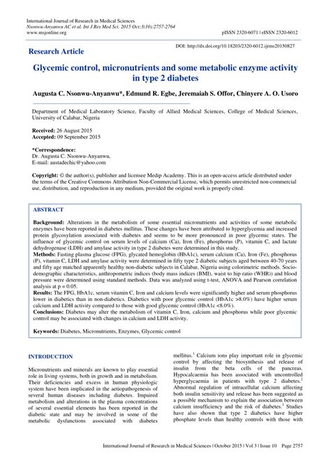 Pdf Glycemic Control Micronutrients And Some Metabolic Enzyme Activity In Type 2 Diabetes