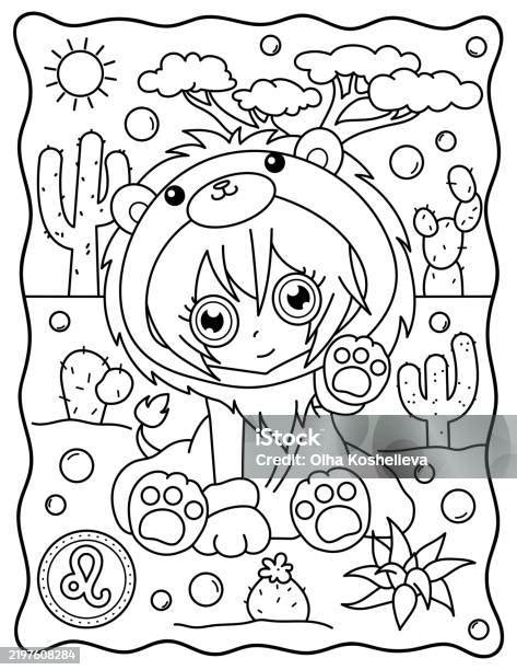 귀여운 소녀 레오 조디악 로그인 사자 잠옷을 입은 귀여운 소녀 귀여운 캐릭터 색칠 공부 페이지 페이지 책 흑인과 백인 벡터 그림 교육에 대한 스톡 벡터 아트 및 기타 이미지