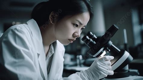 Asian Woman Scientist In A Lab Looking At A Microscope Photo And