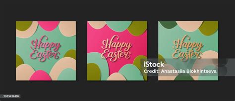 다채로운 종이 컷 스타일의 달걀로 설정된 행복한 부활절 카드 소셜 미디어에 대한 인사말 광장 게시물 배경 공휴일 봄의 초대 3차원 형태에 대한 스톡 벡터 아트 및 기타