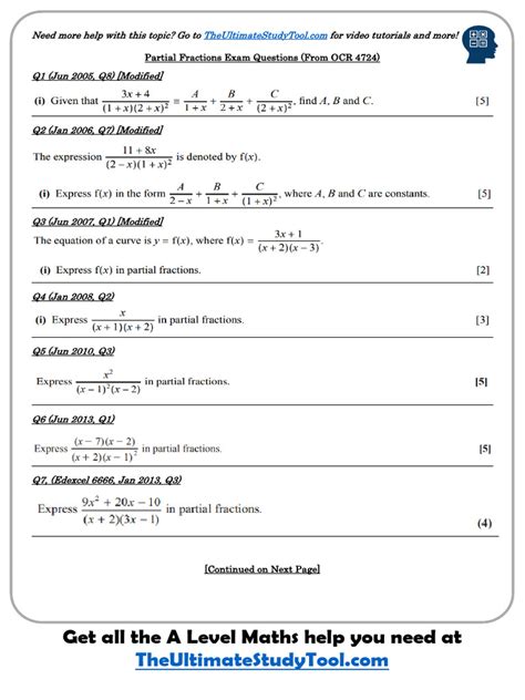 Y2 Pure Partial Fractions Exam Questions Pdf