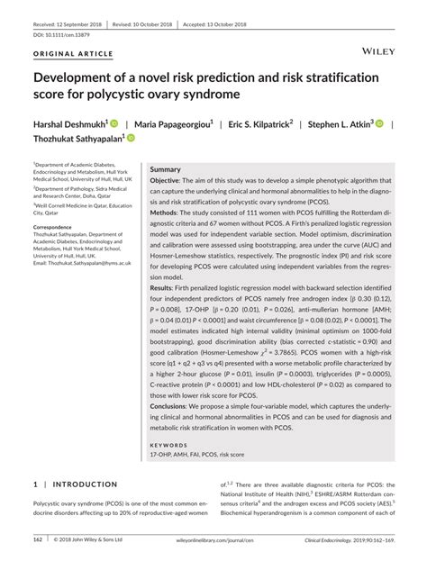 PDF Development Of A Novel Risk Prediction And Risk Stratification Score For Polycystic Ovary