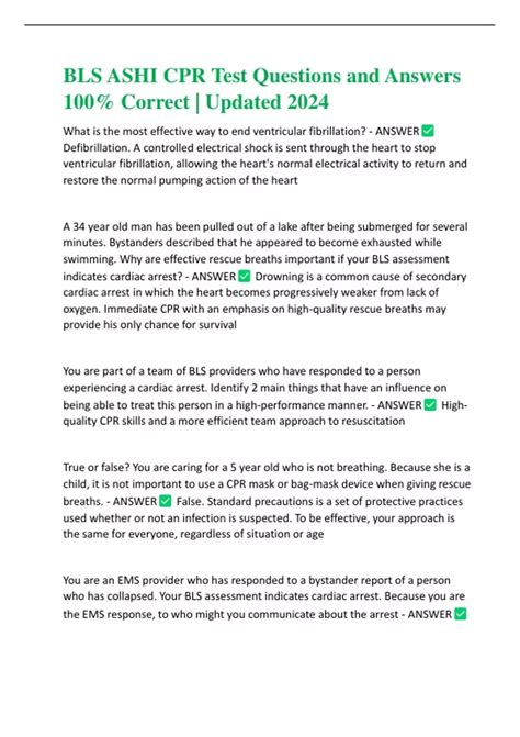 Bls Ashi Cpr Test Questions And Answers 100 Correct Updated 2024