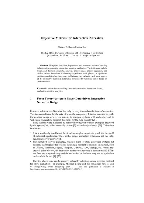 Pdf Objective Metrics For Interactive Narrative