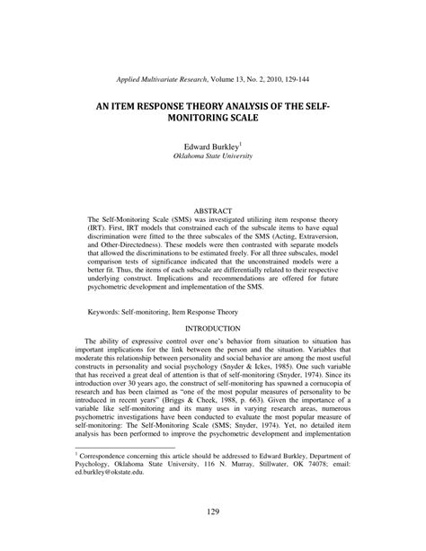 Pdf An Item Response Theory Analysis Of The Self Monitoring Scale