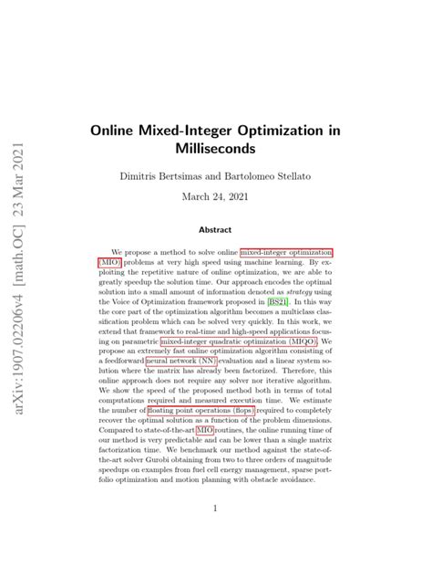 Online Mixed Integer Optimization In Milliseconds Pdf Mathematical Optimization Matrix