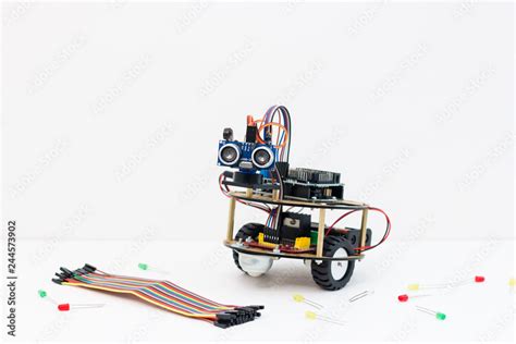 Hand Made Robot Working On The Arduino Platform White Background Free Space For Text STEM