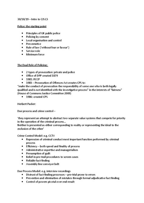 Intro To Cjs Lecture 5 301019 Intro To Cjs L Police The Starting Point Principles Of Uk