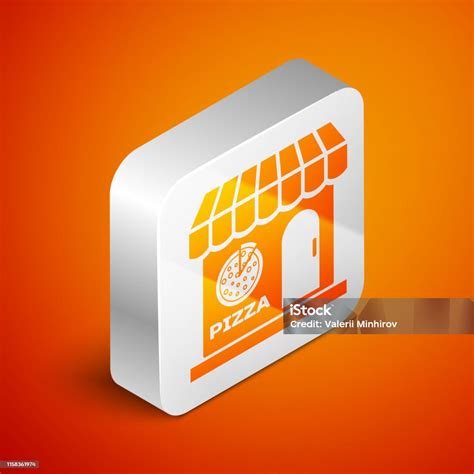 주황색 배경에 격리된 아이소메트릭 피자 건물 외관 아이콘입니다 패스트 푸드 피자 키오스크 실버 스퀘어 버튼 벡터 일러스트레이션 0명에 대한 스톡 벡터 아트 및 기타 이미지