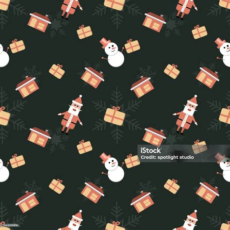 굴뚝 눈사람 산타클로스 선물 상자 눈송이 벡터가 둥근 모서리 테마 매끄러운 패턴 배경에 있는 집 겨울 휴가 직물 선물 포장 스크랩북 인사말 카드 디자인에 가장 적합 0명에
