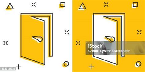 만화 스타일의 벡터 만화 문 아이콘 출구 사인 일러스트 레이션 픽토그램 오픈 도어 비즈니스 스플래시 효과 개념 가까이 옴에 대한 스톡 벡터 아트 및 기타 이미지 Istock