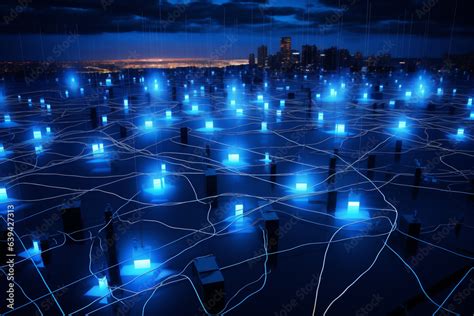 Neon Blue Wires Connected To Tiny Lamps Representing A Complex Electrical Grid Power Grid