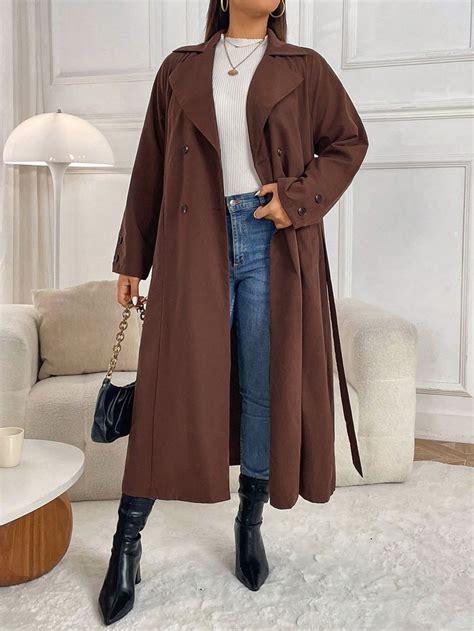 플러스 사이즈 여성용 솔리드 컬러 라펠 칼라 긴팔 더블 브레스트 긴 캐주얼 트렌치 코트 봄and가을 Áo Khoác Mùa