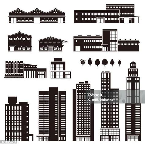 다양한 건물의 벡터 일러스트레이션 건물의 외부 전망 건물 실루엣 실루엣에 대한 스톡 벡터 아트 및 기타 이미지 실루엣 창고 사무실용 빌딩 Istock