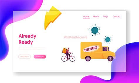 코로나 바이러스 전염병 방문 페이지 템플릿에서 익스프레스 배달 서비스 자전거와 자동차에 고객에게 식품을 제공하는 택배 문자 고객에게 상품 배송 만화 벡터 일러스트레이션