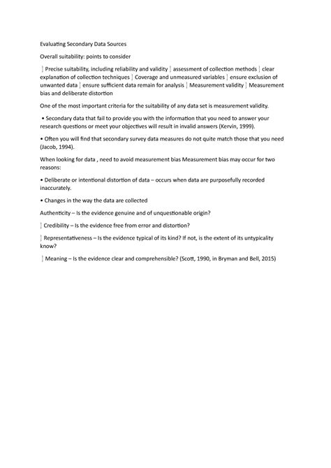 Evaluating Secondary Data Sources Evaluating Secondary Data Sources Overall Suitability