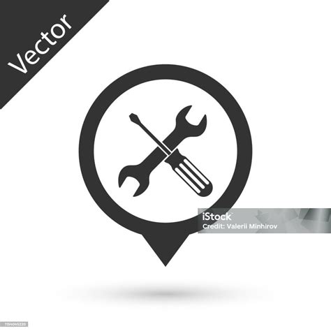 교차 스크루 드라이버와 렌치 도구 아이콘이 흰색 배경에 고립 된 회색 위치 포인터 설정 기호입니다 벡터 일러스트 공구상자에 대한