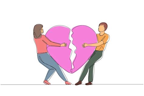 Premium Vector Continuous One Line Drawing Lovers Broken Heart Young Man Woman Pulled Apart