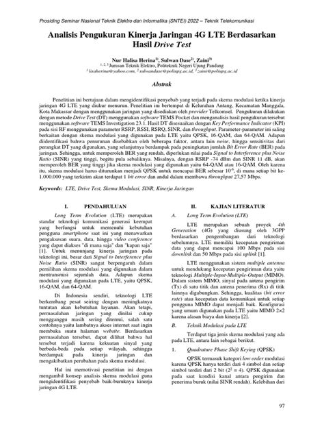 Analisis Pengukuran Kinerja Jaringan 4g Lte Berdasarkan Hasil Drive Test Pdf