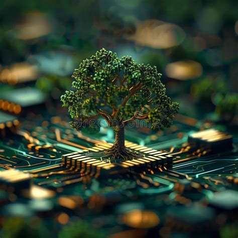 Tree Emerges From Circuit Board Illustrating Convergence Of Nature