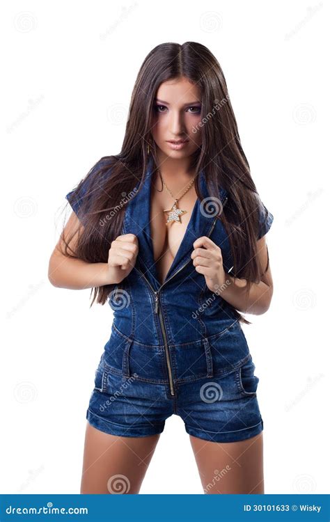 Brunette Young Woman In Denim Overalls Stock Image Image Of Blue