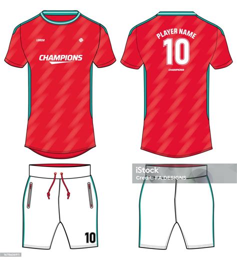 스포츠 저지 티셔츠와 반바지 키트 디자인 플랫 스케치 일러스트레이션 크리켓 축구 배구 유니폼 키트를 위한 앞면과 뒷면이 있는