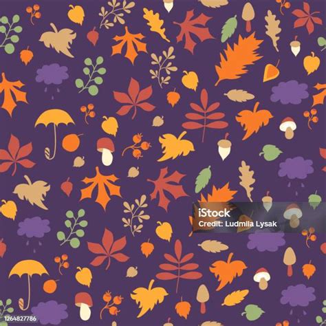 가을 무늬 매끄러운 패턴 밝은 단풍 가지 열매 버섯 보라색 배경에 구름 가을 장식 및 디자인 포장 및 인쇄용 벡터 가을에 대한 스톡 벡터 아트 및 기타 이미지 Istock