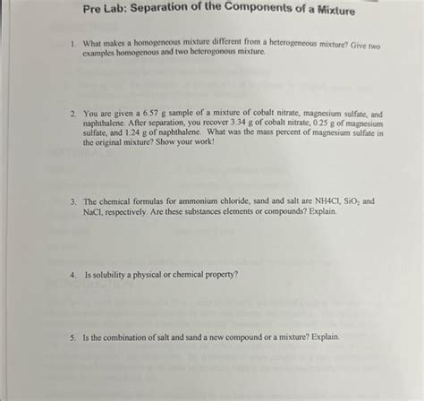 Solved Pre Lab Separation Of The Components Of A Mixture 1