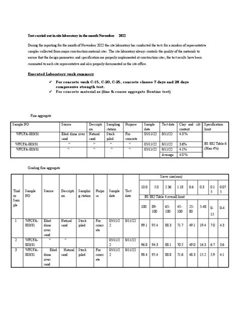 Test Carried Out In Site Laboratory In The Month November 2022 Pdf