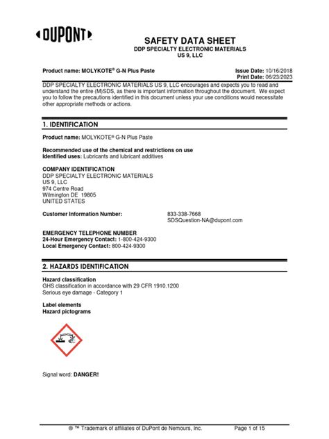 Molykote G N Plus Paste Us Sds 000000839126 Pdf Toxicity Dangerous Goods