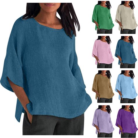 Cflvaek Cotton Linen Tops For Women Plus Size Elbow Length Sleeve