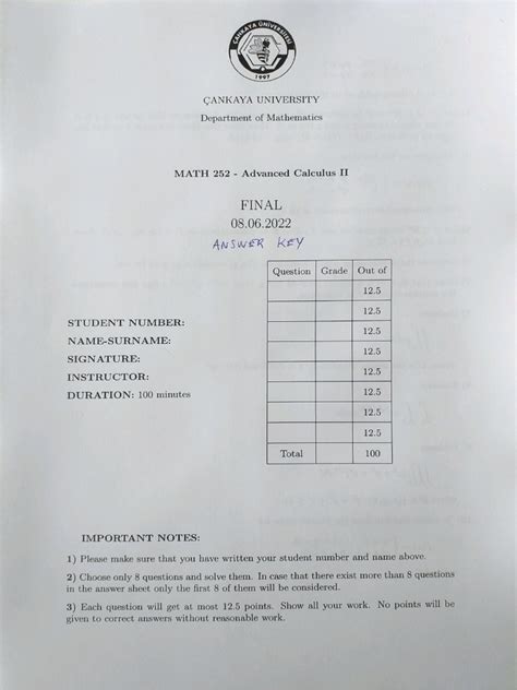 Advanced Calculus 2 Final Answer Key Pdf