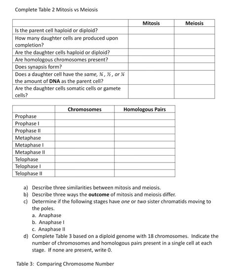 Solved Complete Table 2 Mitosis Vs Meiosis Mitosis Meiosis