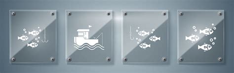 물고기 물고기와 함께 물 속에서 낚시 갈고리 물 위에 낚싯대가 있는 낚싯배 물고기와 함께 물속에서 낚싯바늘을 설정합니다 정사각형 유리 패널 벡터 가시 철사에 대한 스톡 벡터