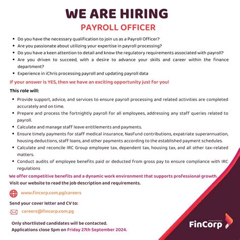 Hiring Payrollofficer Financejobs Payrollprocessing Ichris
