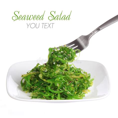Chuka Salad Seaweed With Sesame Seeds On Fark And Ceramic Plate Isolated On White Japanese