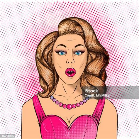 와우 여자 얼굴을 놀라게 오픈 입과 금발 곱슬 머리 놀라운 감정을 보여주는 젊은 여자 충격 팝 아트 레트로 만화 스타일에서 벡터 화려한 배경입니다 Nvitation 포스터