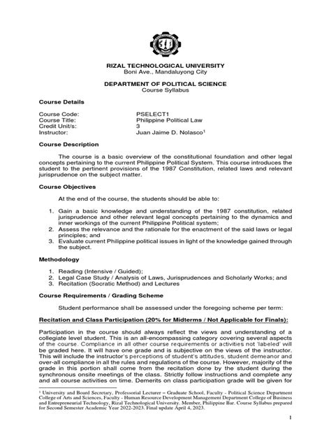 Rtu Syllabus Pselect1 2nd Semester 2022 2023 Final Pdf