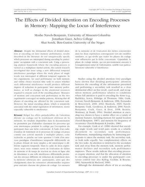 Pdf The Effects Of Divided Attention On Encoding Processes In Memory Mapping The Locus Of