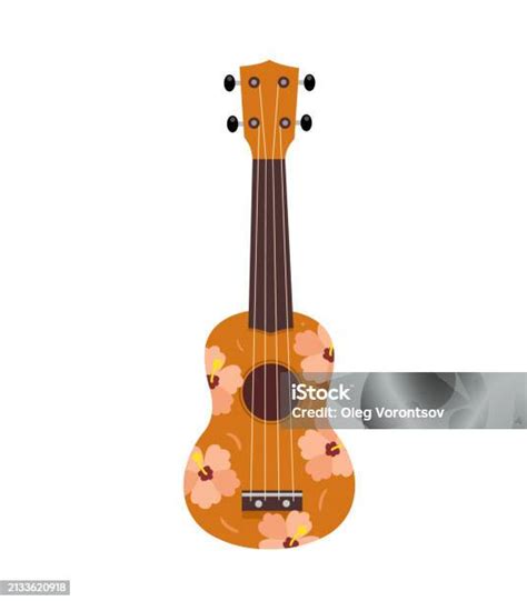 컬러 우쿨렐레 도구는 갈색이며 꽃으로 장식되어 있습니다 악기 휴식 하와이 멜로디 흰색 배경에 고립된 평면 벡터 그림 0명에 대한 스톡 벡터 아트 및 기타 이미지 Istock