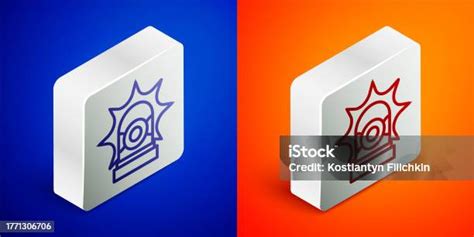 파란색과 주황색 배경에 격리 된 등분 성 선 점멸 사이렌 아이콘 비상 깜박이는 사이렌 실버 스퀘어 버튼 벡터 3차원 형태에 대한 스톡 벡터 아트 및 기타 이미지 Istock