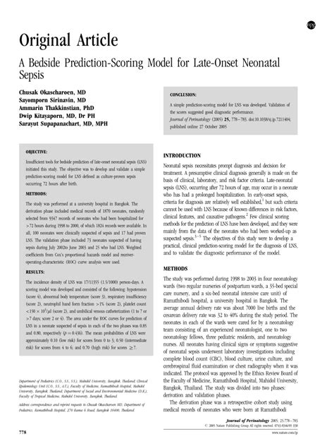 Pdf A Bedside Prediction Scoring Model For Late Onset Neonatal Sepsis