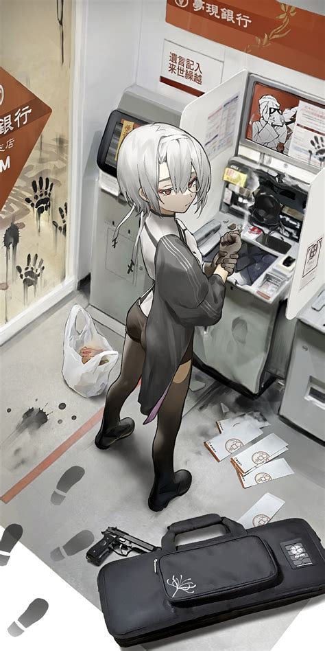 Seallllion Original Black Footwear Chinese Commentary Highres 1girl Atm Bag Bank