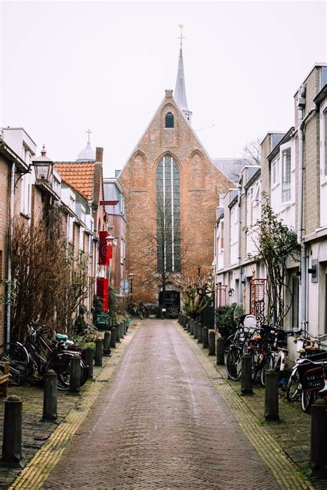 Narrow Paved Alley In A Traditional Holland Neighborhood In Haarlem