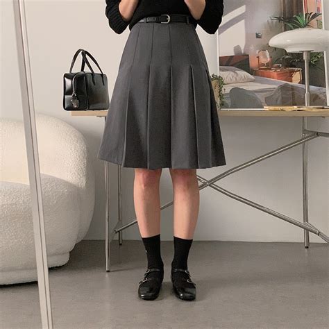 사색 컬린 하이웨스트 플리츠 미디스커트 그레이 위시버킷