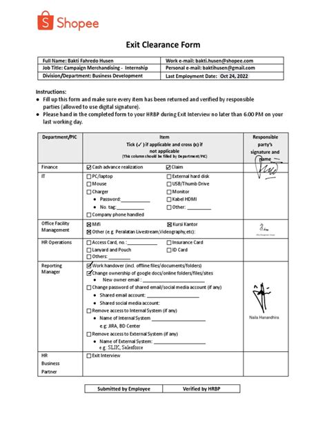 Exit Clearance Form Bakti Fahredo Husen Intern Hrbp Signed Pdf