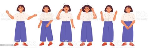 아이 감정 세트 행복하고 즐겁고 수줍어하고 불행하고 피곤한 졸리고 화난 울음에 서 있는 작은 소녀 감정에 대한 스톡 벡터 아트 및 기타 이미지 Istock